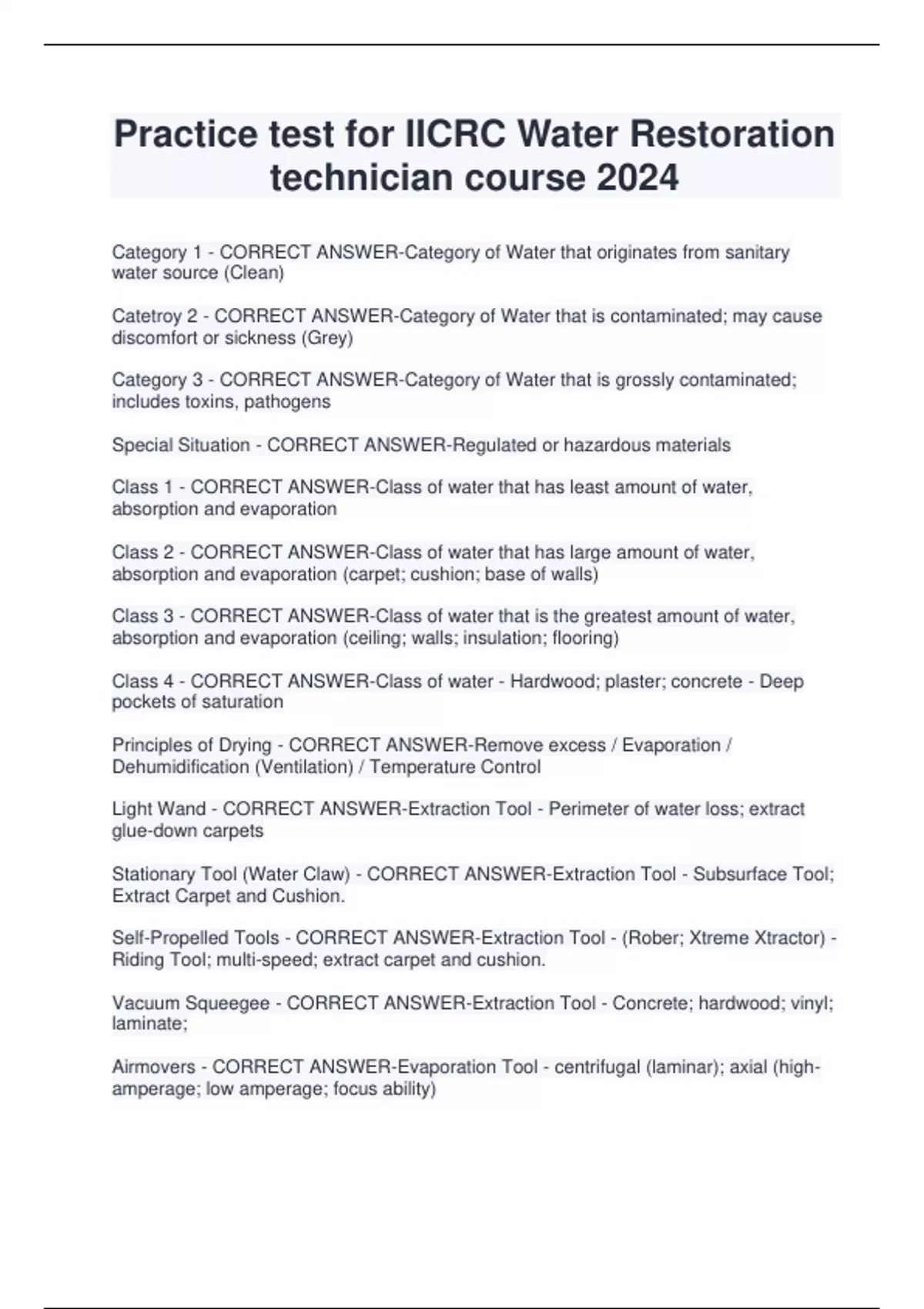 Practice test for IICRC Water Restoration technician course 2024 ...
