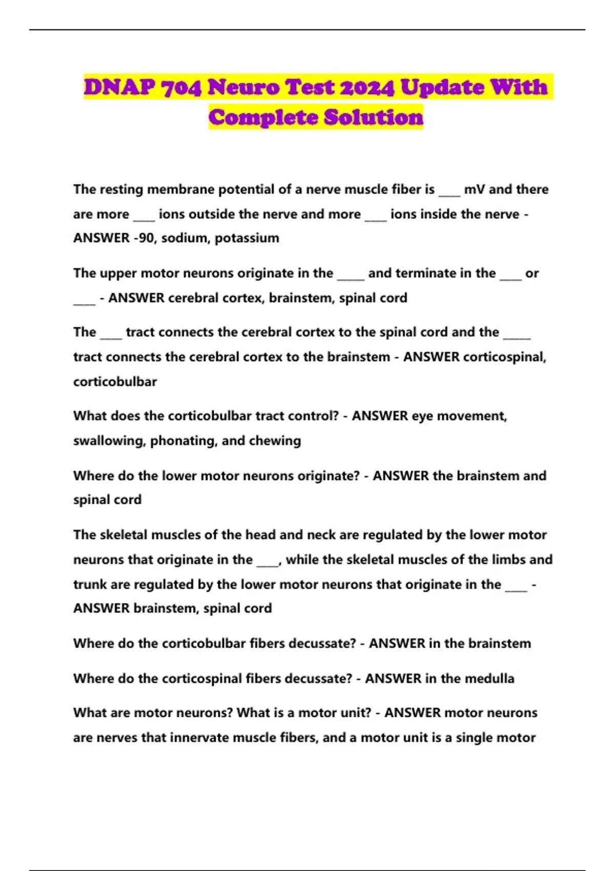 DNAP 704 Neuro Test 2024 Update With Complete Solution - DNAP 704 ...