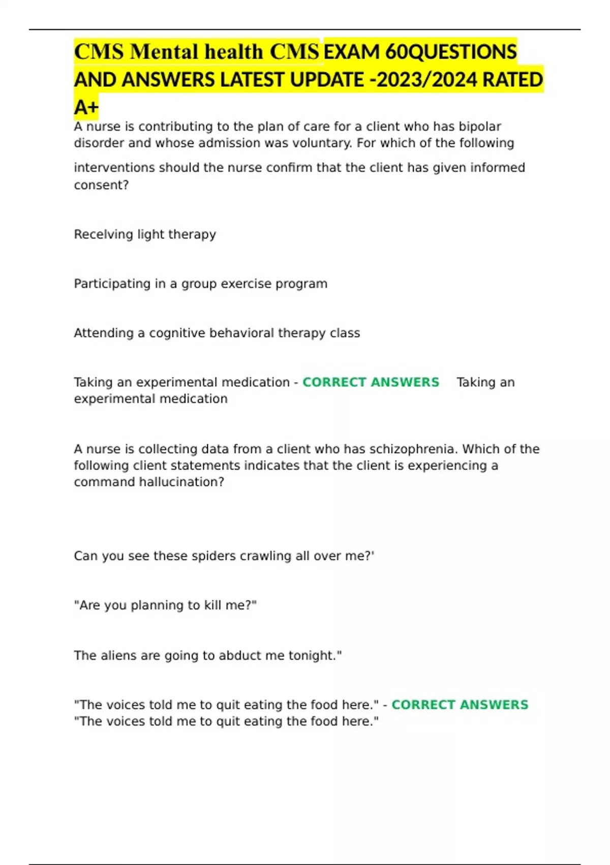 CMS Mental health CMS EXAM 60QUESTIONS AND ANSWERS LATEST UPDATE -2023/ ...