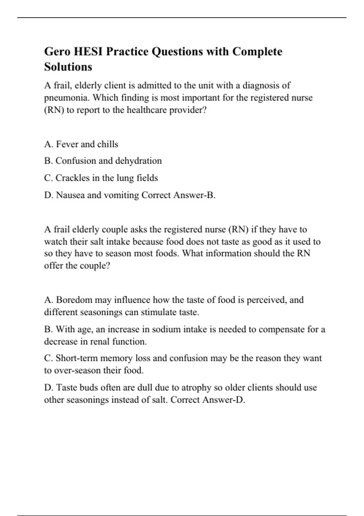 Gero HESI Practice Questions with Complete Solutions - Gerontology HESI ...