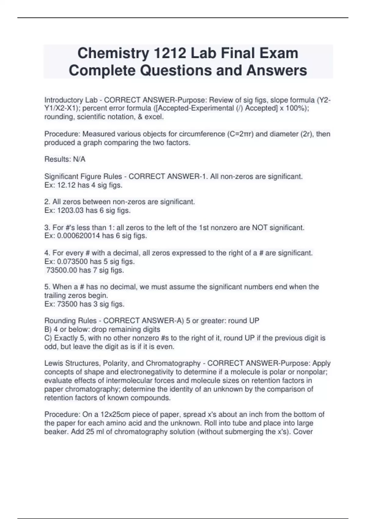 Chemistry 1212 Lab Final Exam Complete Questions and Answers - KSU ...