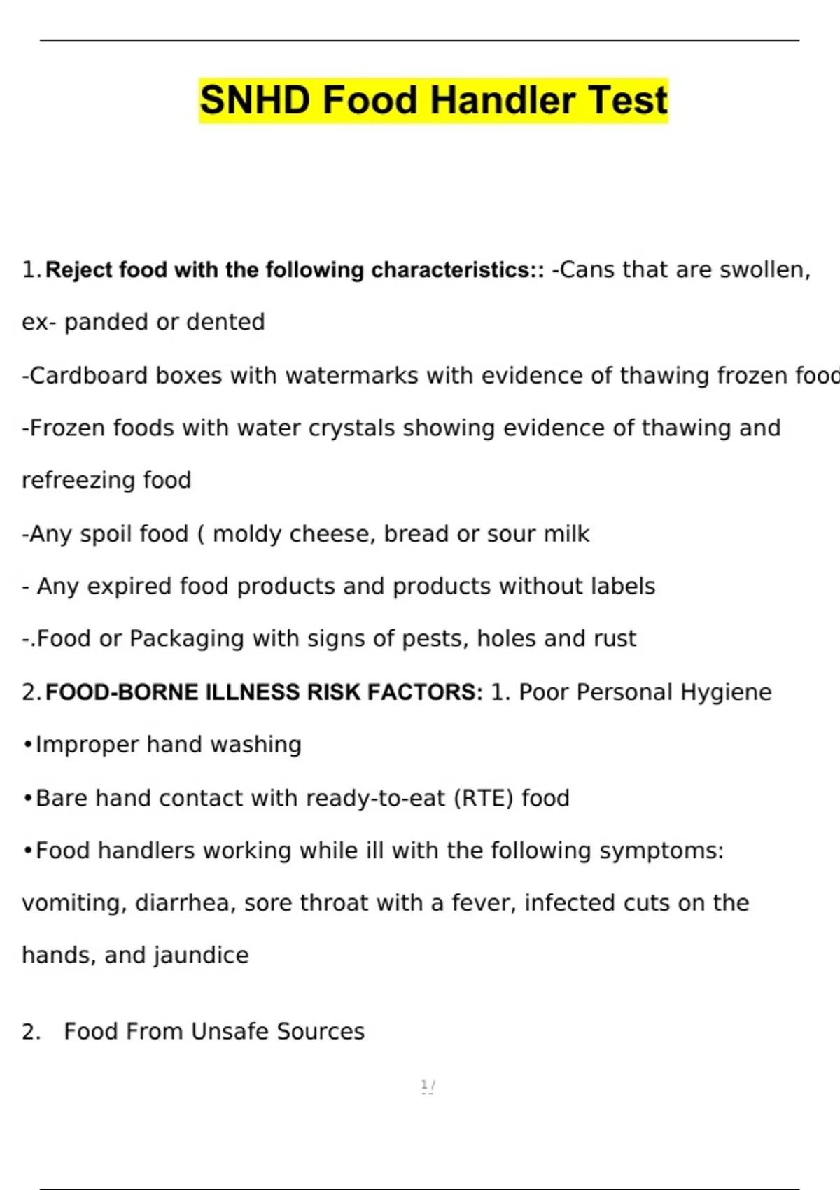 SNHD Food Handler Test Updated 2024 Questions and Answers 2024 / 2025 ...