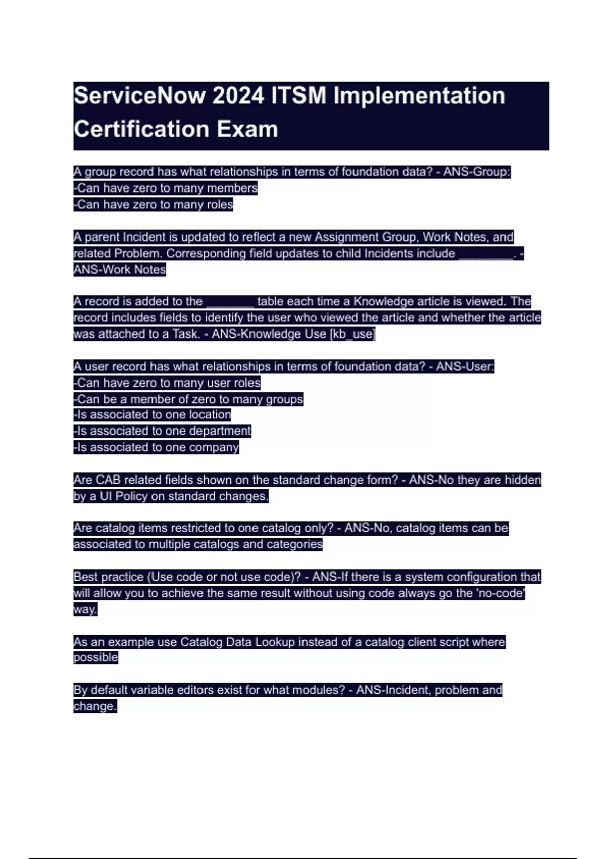 ServiceNow 2024 ITSM Implementation Certification Exam - SN ITSM CERT - Stuvia US