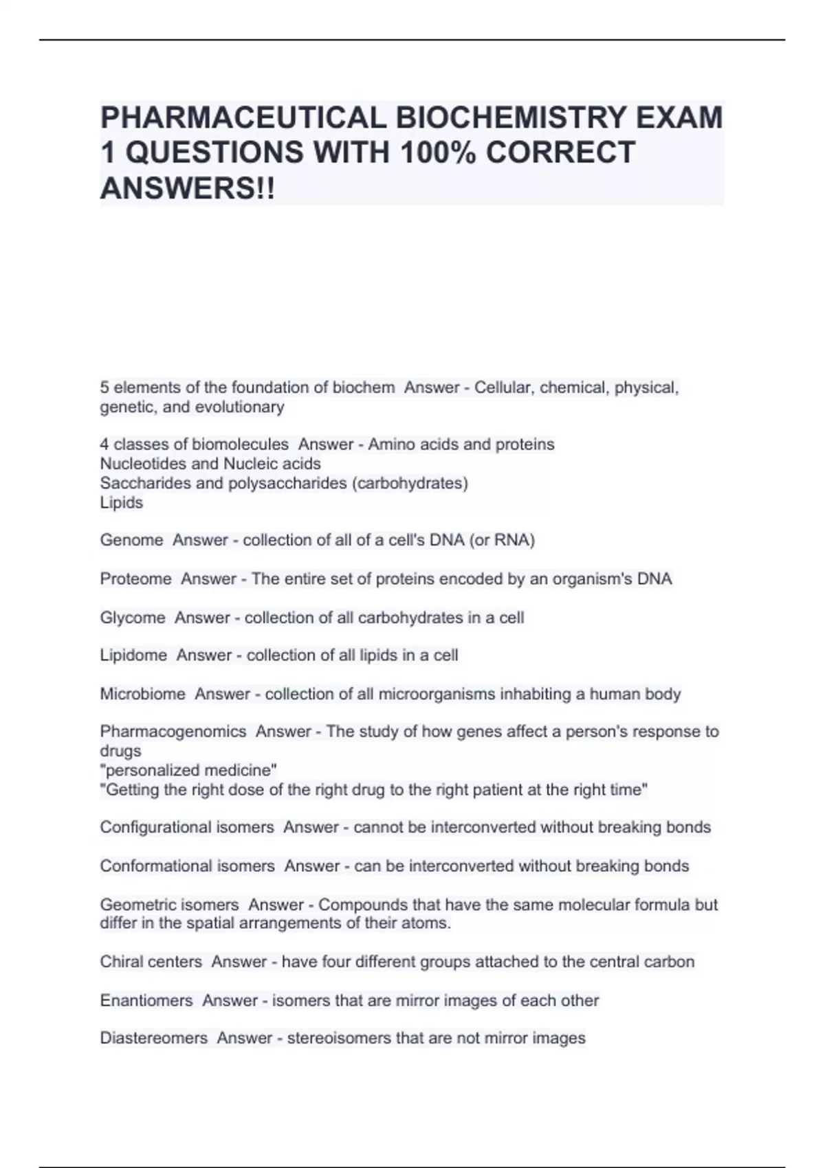 PHARMACEUTICAL BIOCHEMISTRY EXAM 1 QUESTIONS WITH 100% CORRECT ANSWERS ...