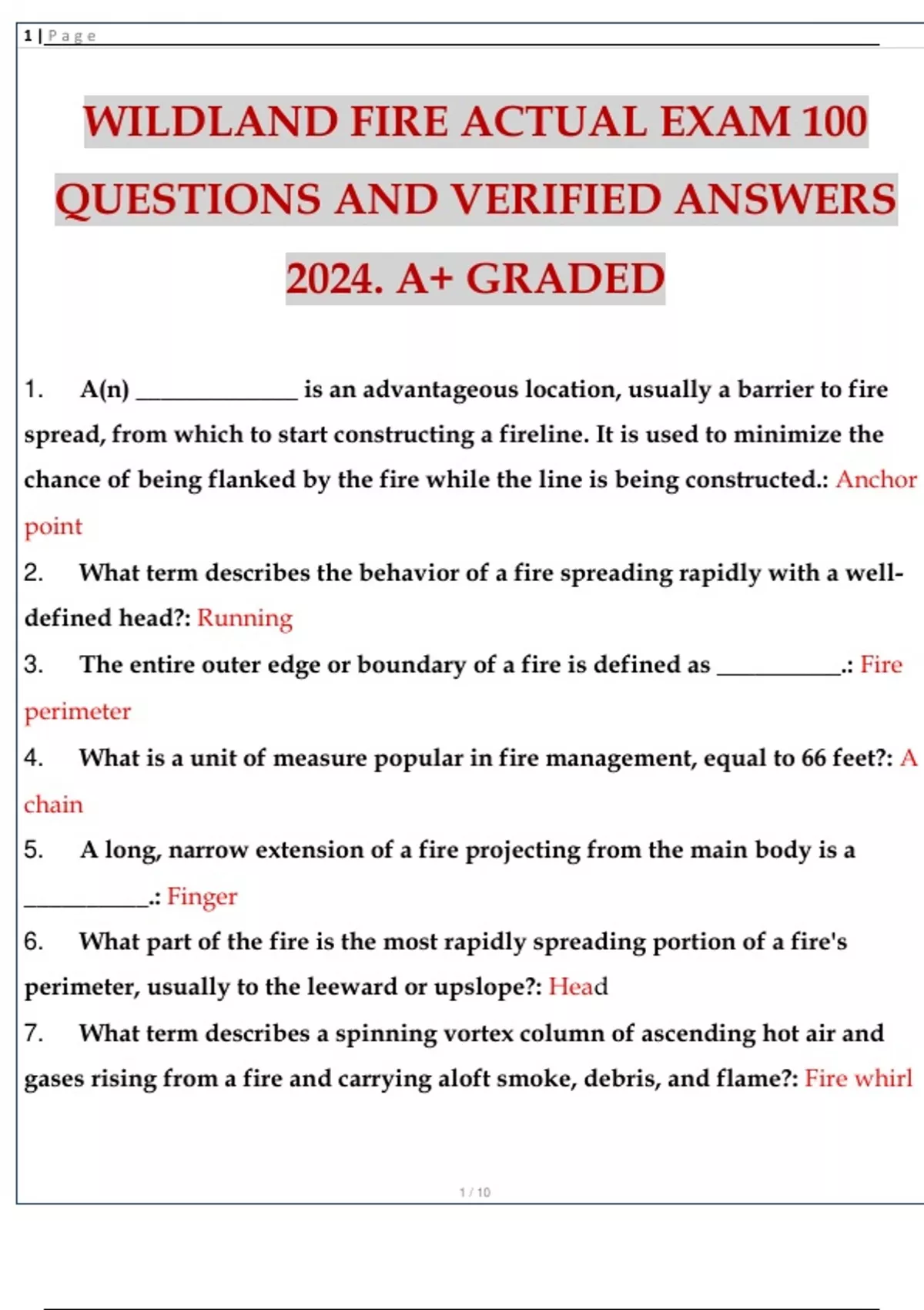 S190 WILDLAND FIRE ACTUAL EXAM 100 QUESTIONS AND VERIFIED ANSWERS 2024 ...