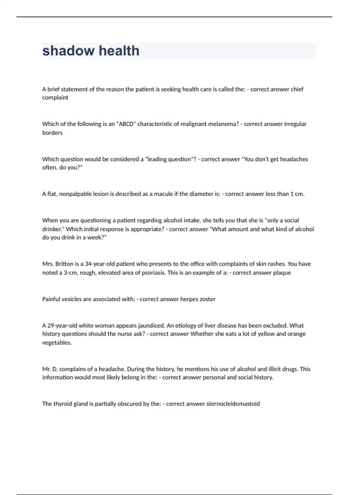 shadow health Question and answers 100% correct - Shadow Health - Stuvia US