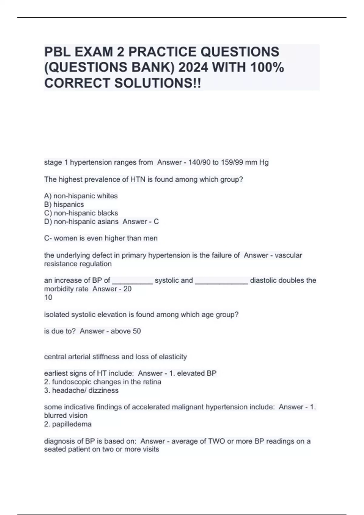 PBL EXAM 2 PRACTICE QUESTIONS (QUESTIONS BANK) 2024 WITH 100% CORRECT SOLUTIONS!! - PBL - Stuvia US