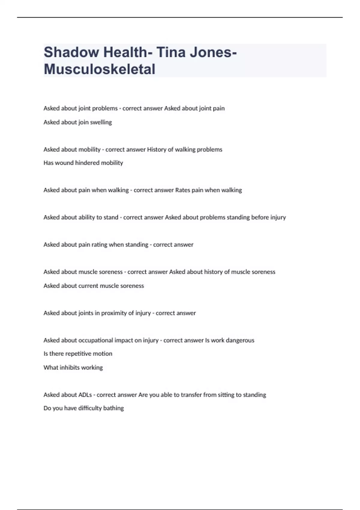 Shadow Health- Tina Jones- Musculoskeletal Questions with complete ...