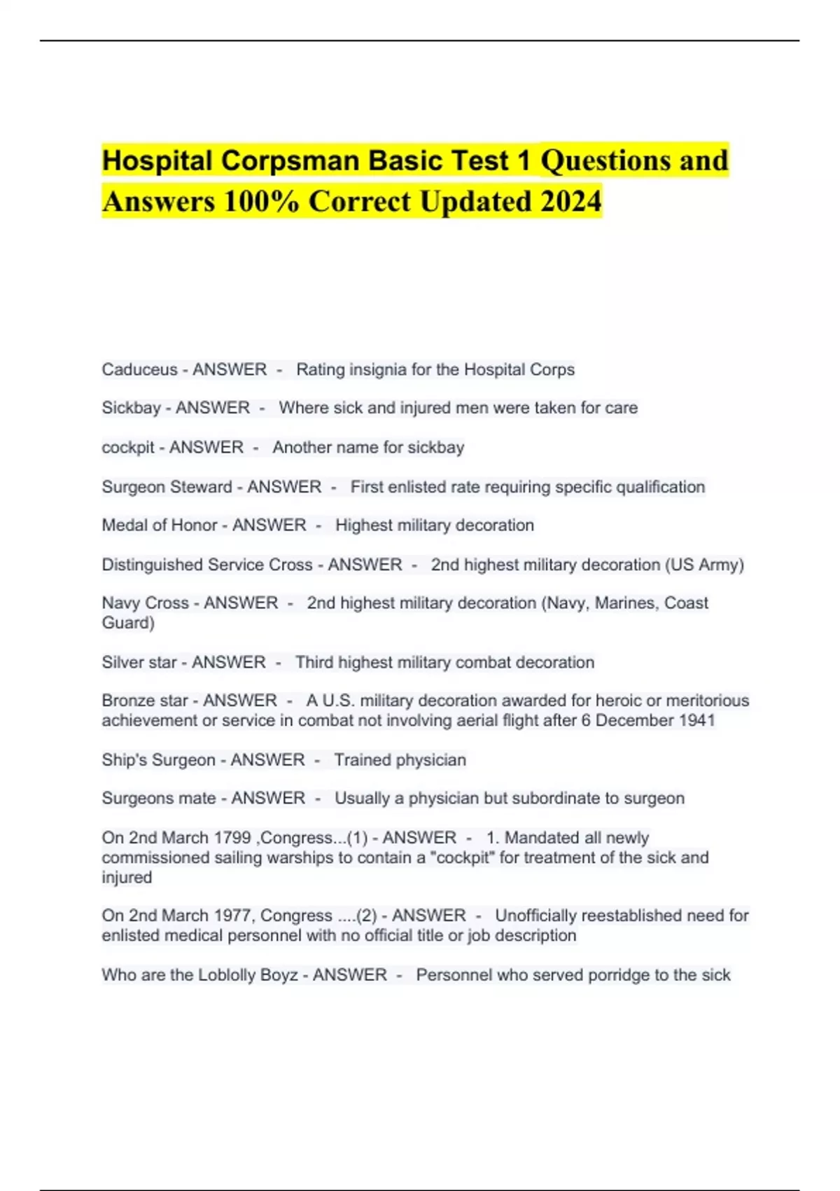 Hospital Corpsman Basic Test 1 Questions and Answers 100% Correct ...