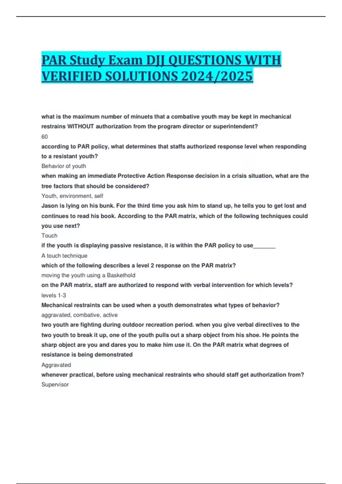 PAR Study Exam DJJ QUESTIONS WITH VERIFIED SOLUTIONS 2024/2025 - PAR ...