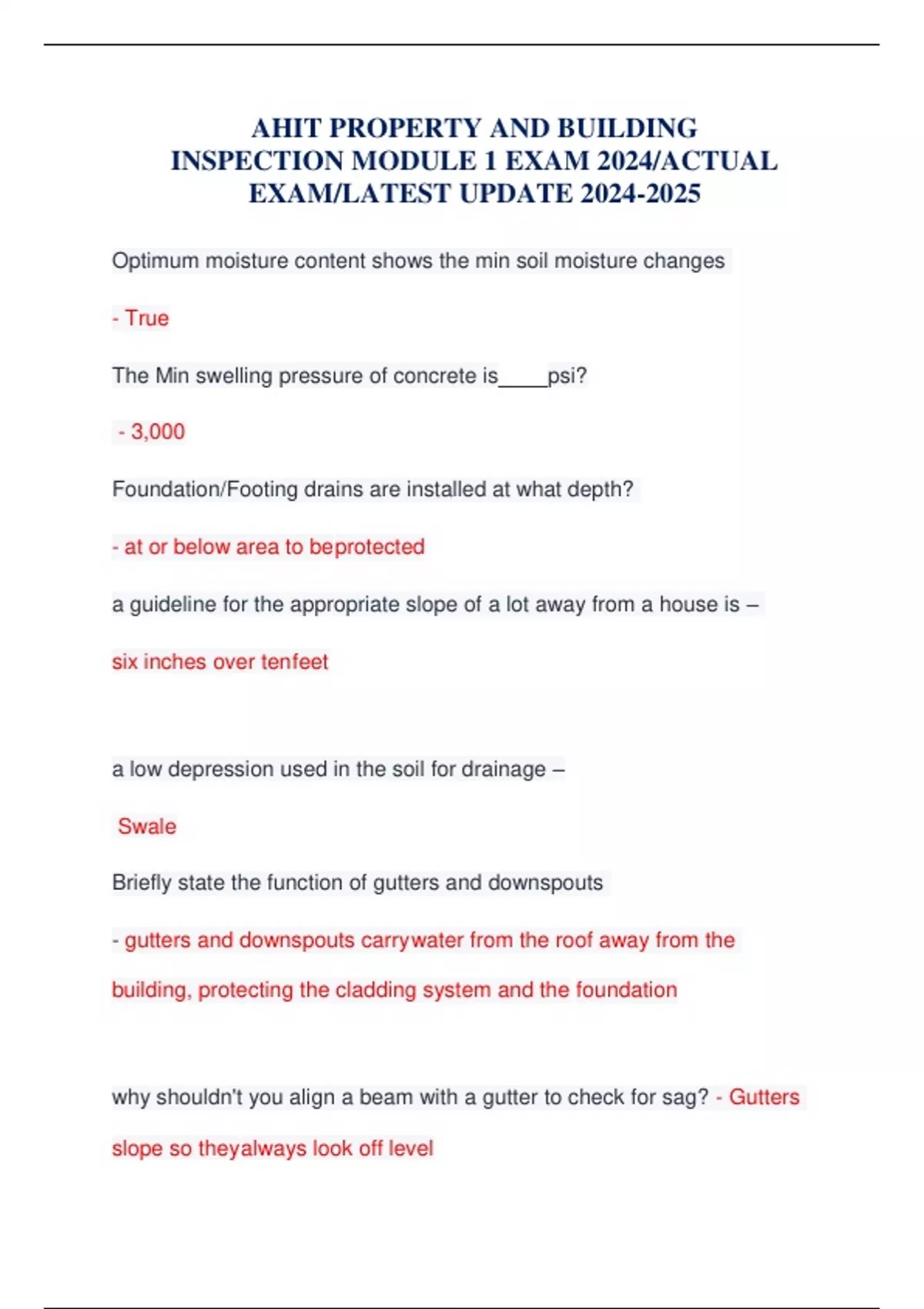 AHIT PROPERTY AND BUILDING INSPECTION MODULE 1 EXAM 2024/ACTUAL EXAM ...