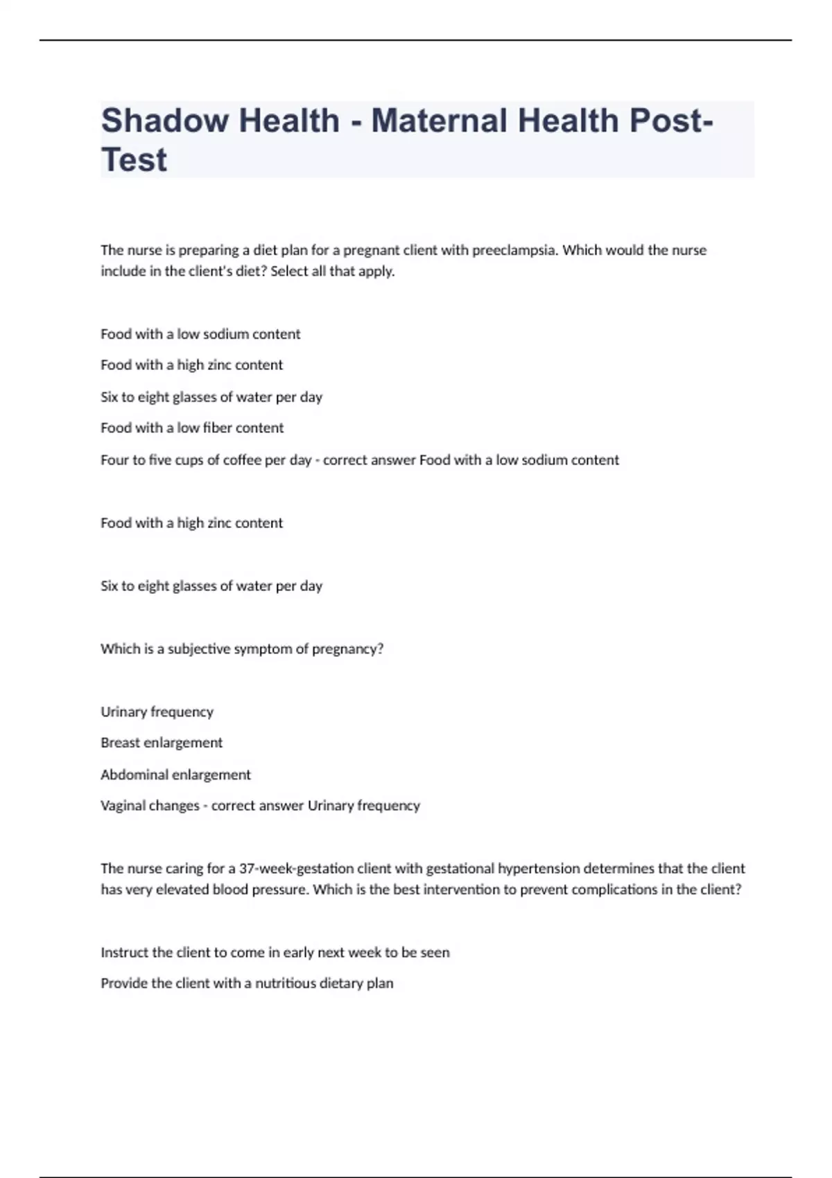 Shadow Health - Maternal Health Post-Test Question and answers verified ...