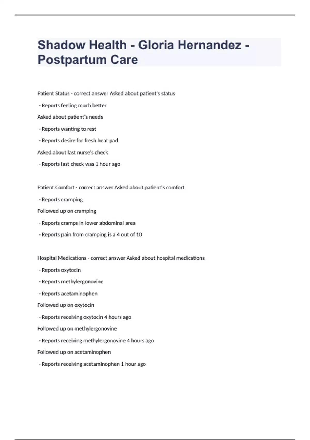 Shadow Health - Gloria Hernandez - Postpartum Care Question and answers 100% correct - Shadow ...