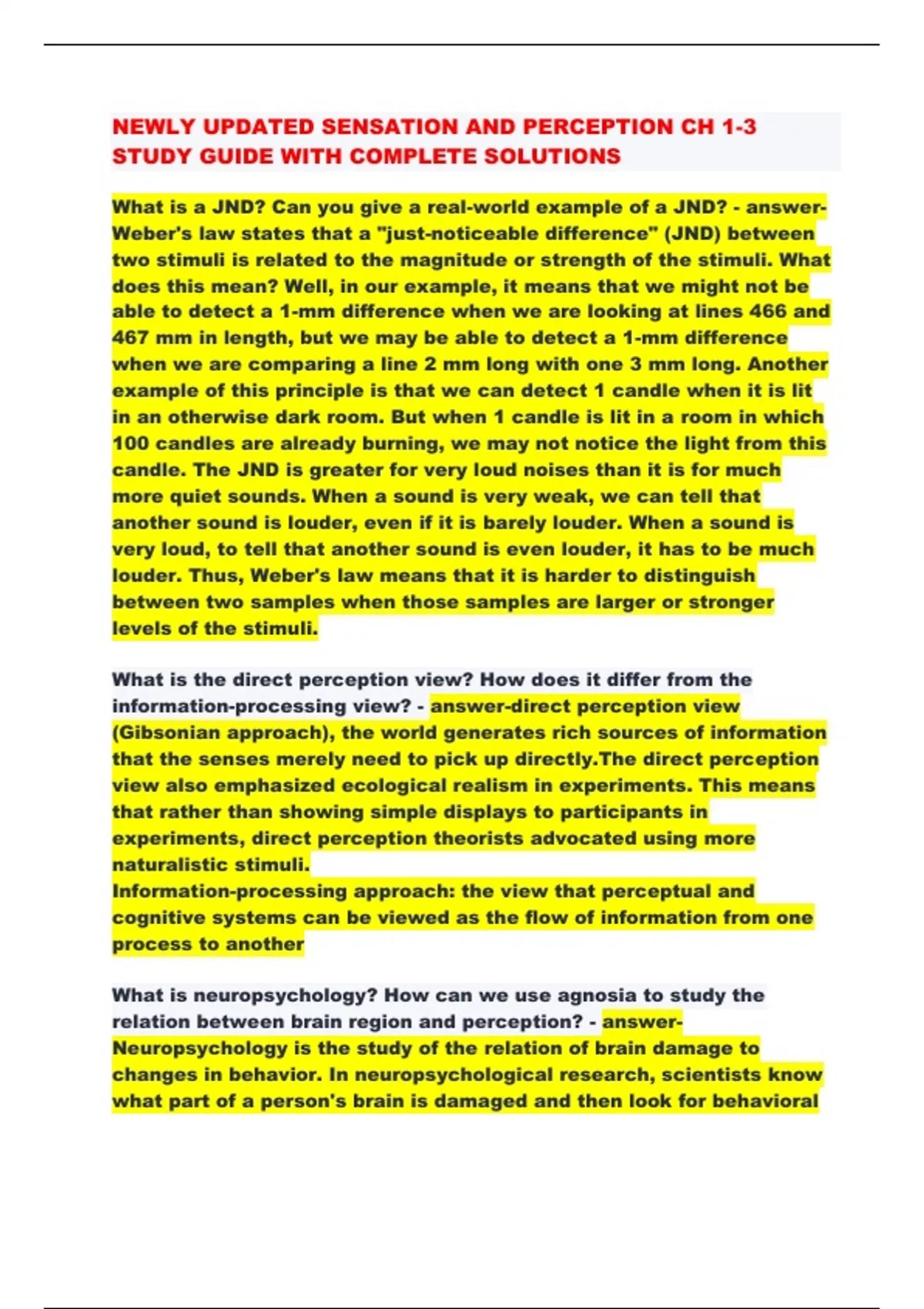 NEWLY UPDATED SENSATION AND PERCEPTION CH 1-3 STUDY GUIDE WITH COMPLETE ...
