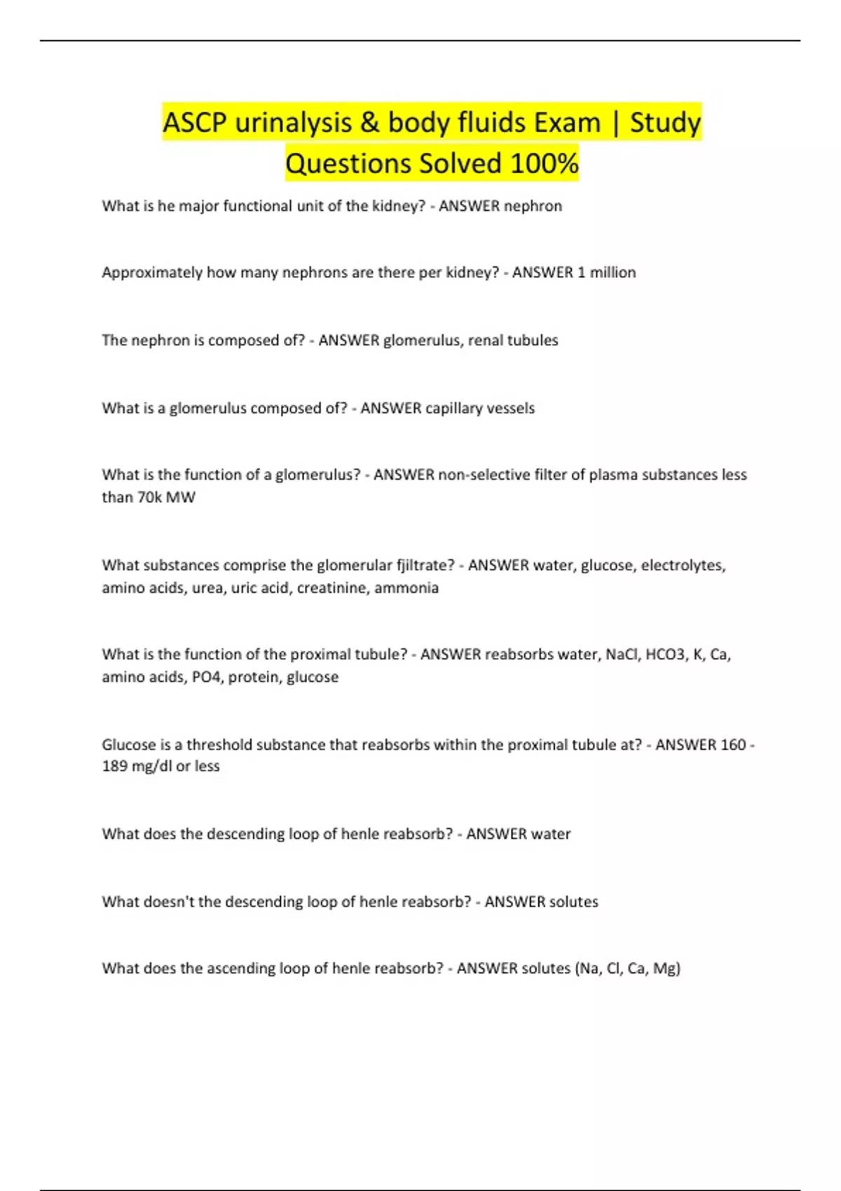 ASCP: Urinalysis and Body Fluids EXAMS BUNDLE | Questions with Correct ...