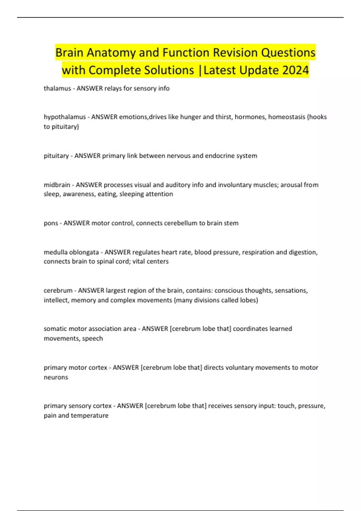 Brain Anatomy and Function Revision Questions with Complete Solutions ...