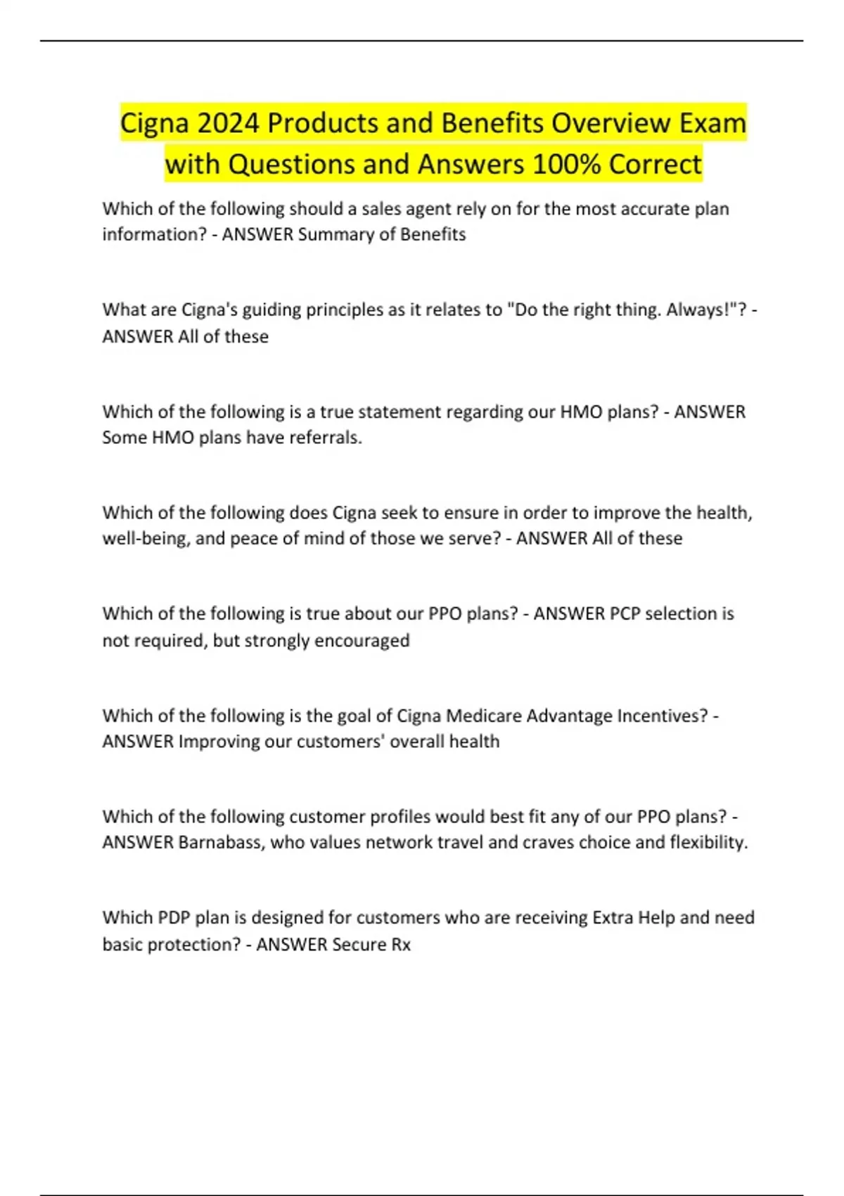 Cigna 2024 Products and Benefits Overview Exam with Questions and Answers 100% Correct - Cigna ...