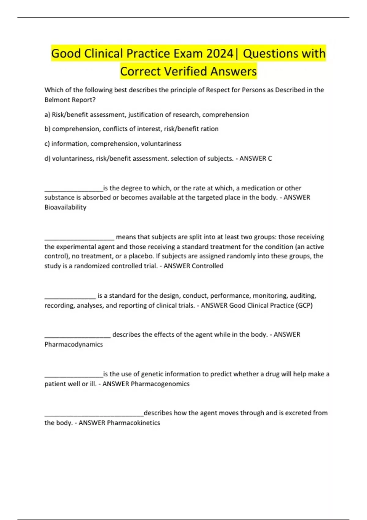 Good Clinical Practice Exam 2024| Questions with Correct Verified ...
