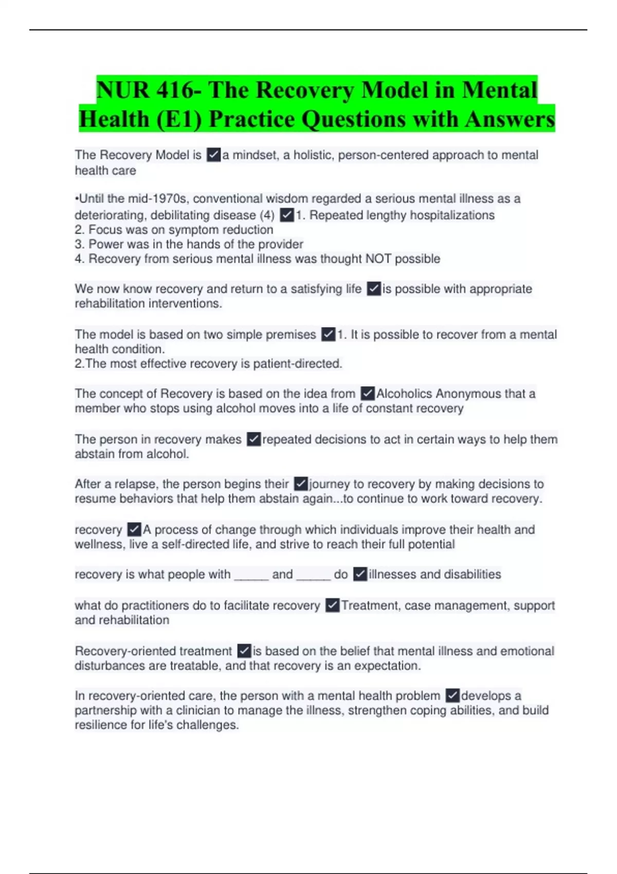 NUR 416- The Recovery Model in Mental Health (E1) Practice Questions ...