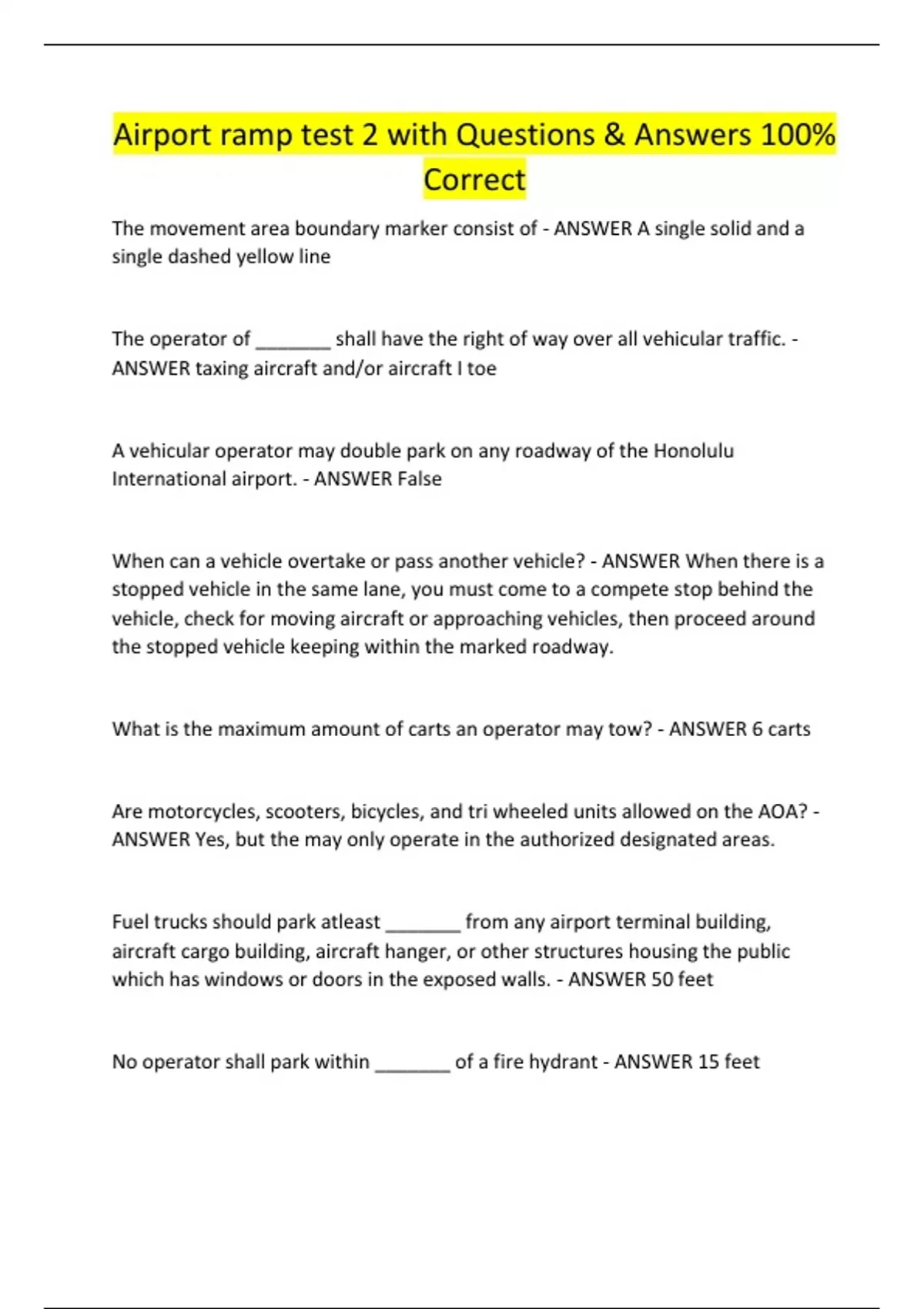 Airport ramp test 2 with Questions & Answers 100% Correct - Ramp ...