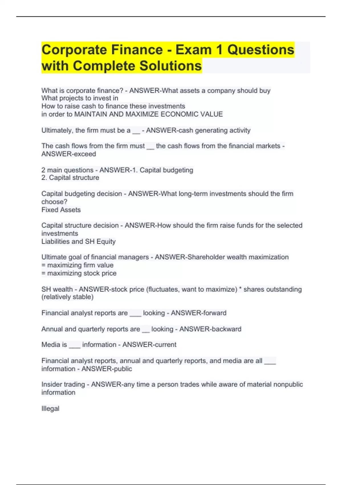 Corporate Finance - Exam 1 Questions with Complete Solutions ...