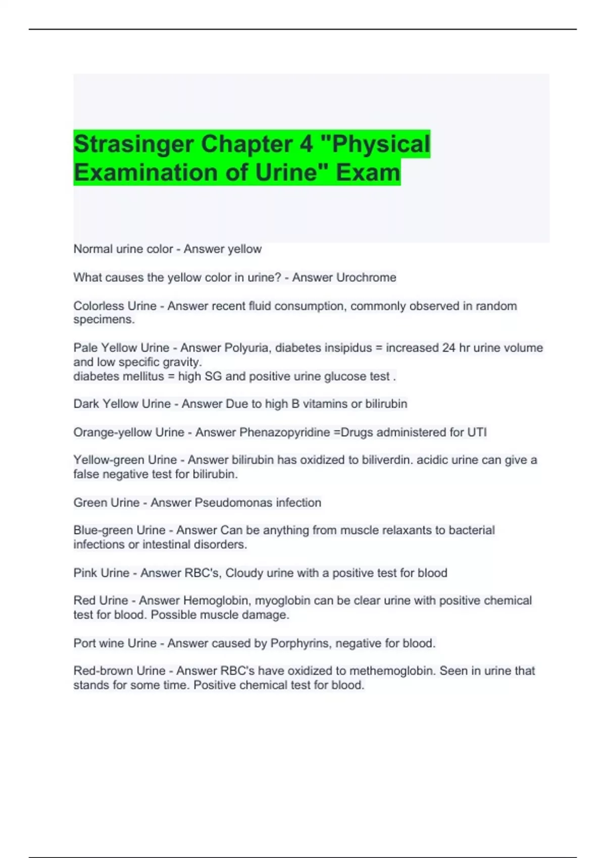 Strasinger Chapter 4 Physical Examination of Urine Exam 2024 Questions ...