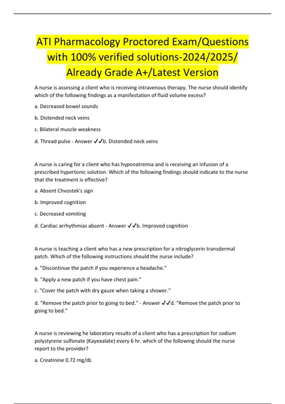 ATI Pharmacology Proctored Exam/Questions with 100% verified solutions ...