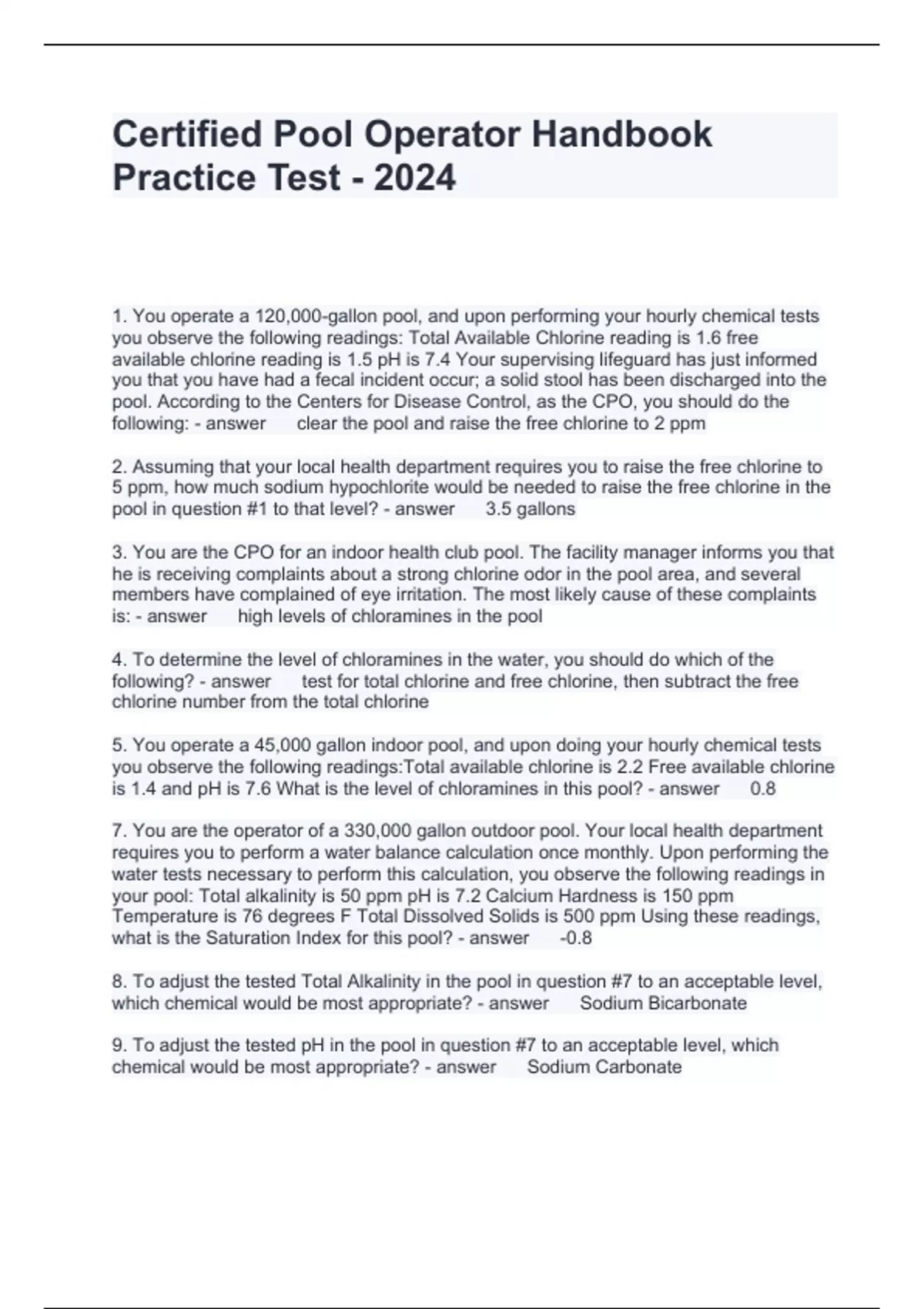 Certified Pool Operator Handbook Practice Test - 2024 Questions and ...