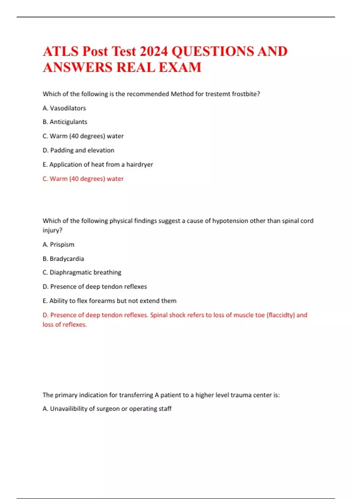 ATLS Post Test 2024 QUESTIONS AND ANSWERS REAL EXAM - ATLS 2024 - Stuvia US
