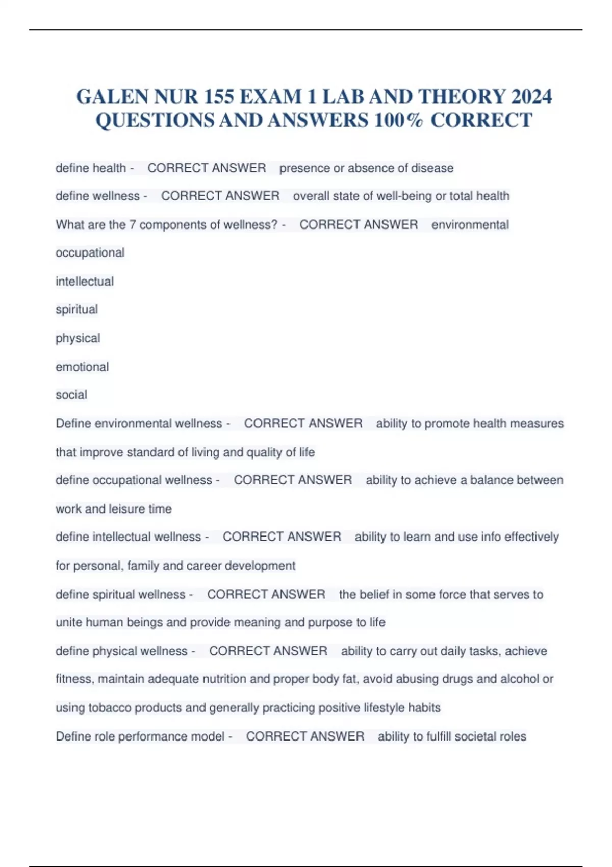 GALEN NUR 155 EXAM 1 LAB AND THEORY 2024 QUESTIONS AND ANSWERS 100% CORRECT - NUR 155 - Stuvia US