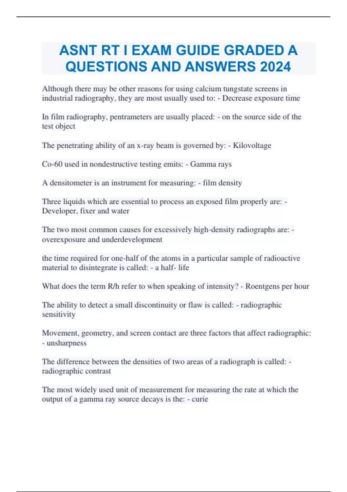 ASNT RT I EXAM GUIDE GRADED A QUESTIONS AND ANSWERS 2024 - ASNT RT I - Stuvia US