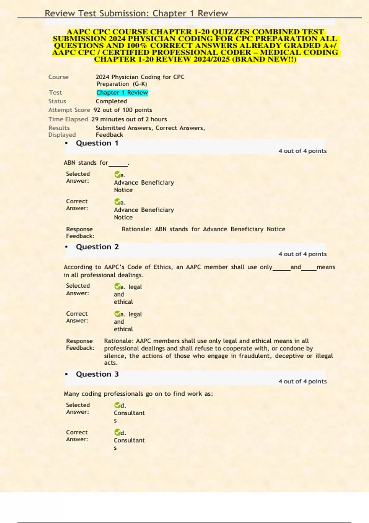 AAPC CPC COURSE CHAPTER 1-20 QUIZZES COMBINED TEST SUBMISSION 2024 ...