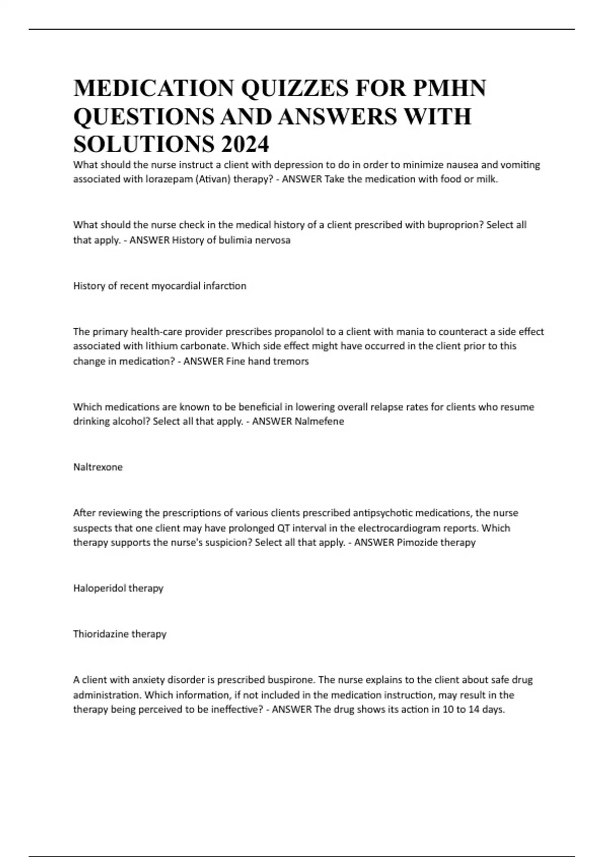 MEDICATION QUIZZES FOR PMHN QUESTIONS AND ANSWERS WITH SOLUTIONS 2024 ...
