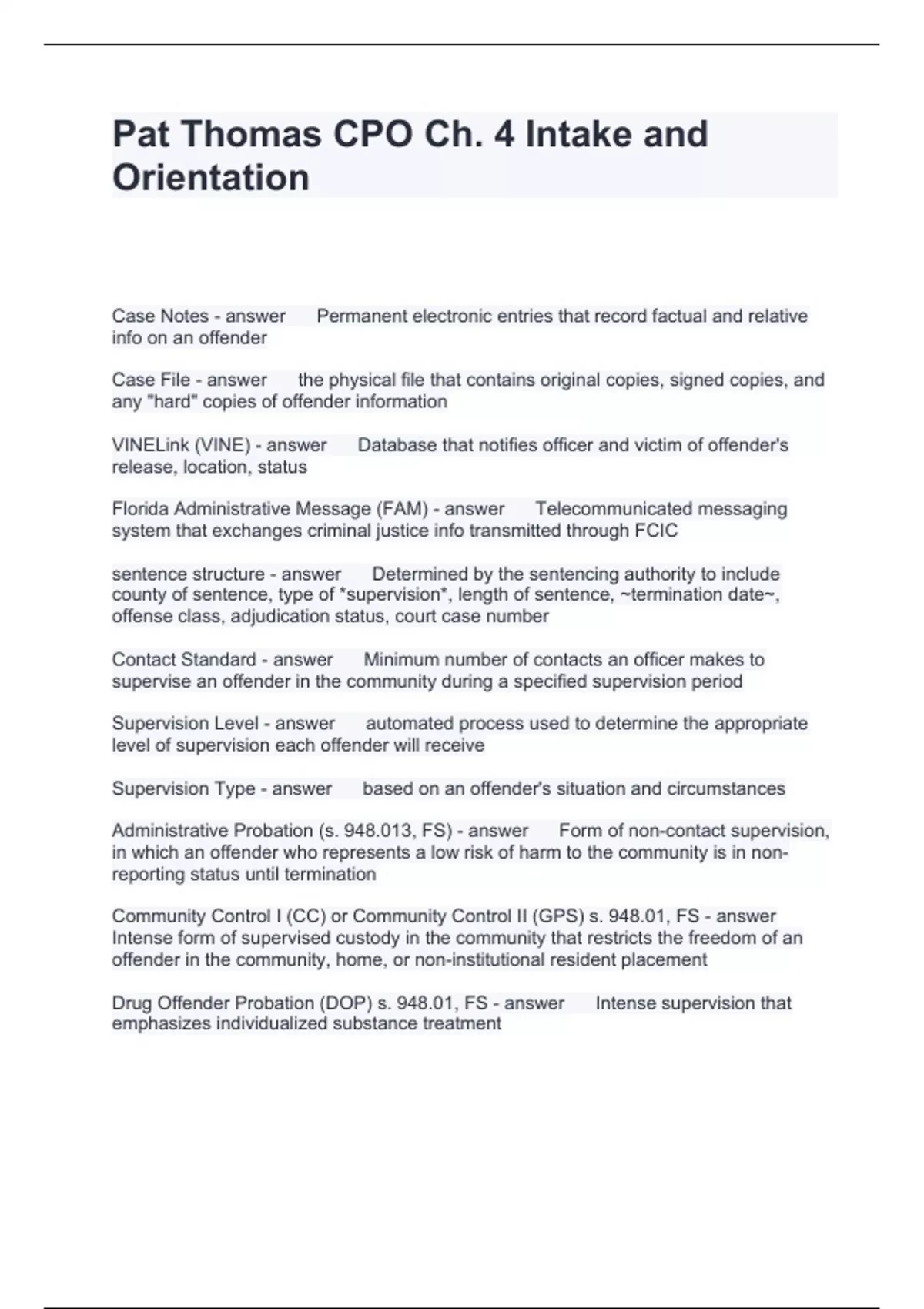 Pat Thomas CPO Ch. 4 Intake and Orientation Questions with correct ...