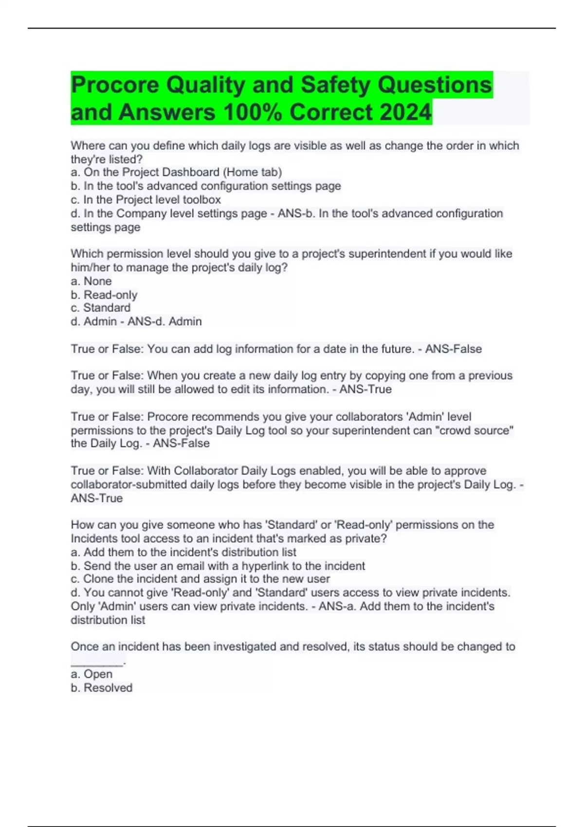 Procore Quality and Safety Questions and Answers 100% Correct 2024 - Procore - Stuvia US