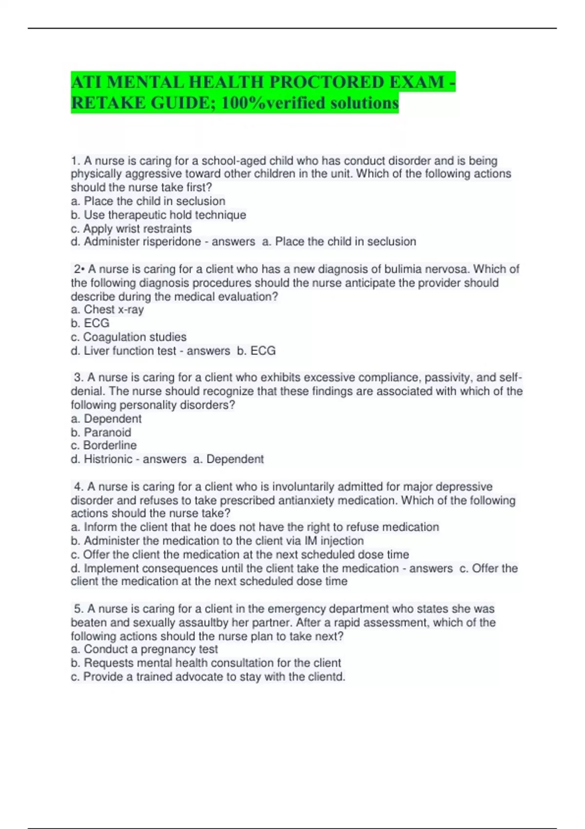ATI MENTAL HEALTH PROCTORED EXAM - RETAKE GUIDE; 100%verified solutions ...