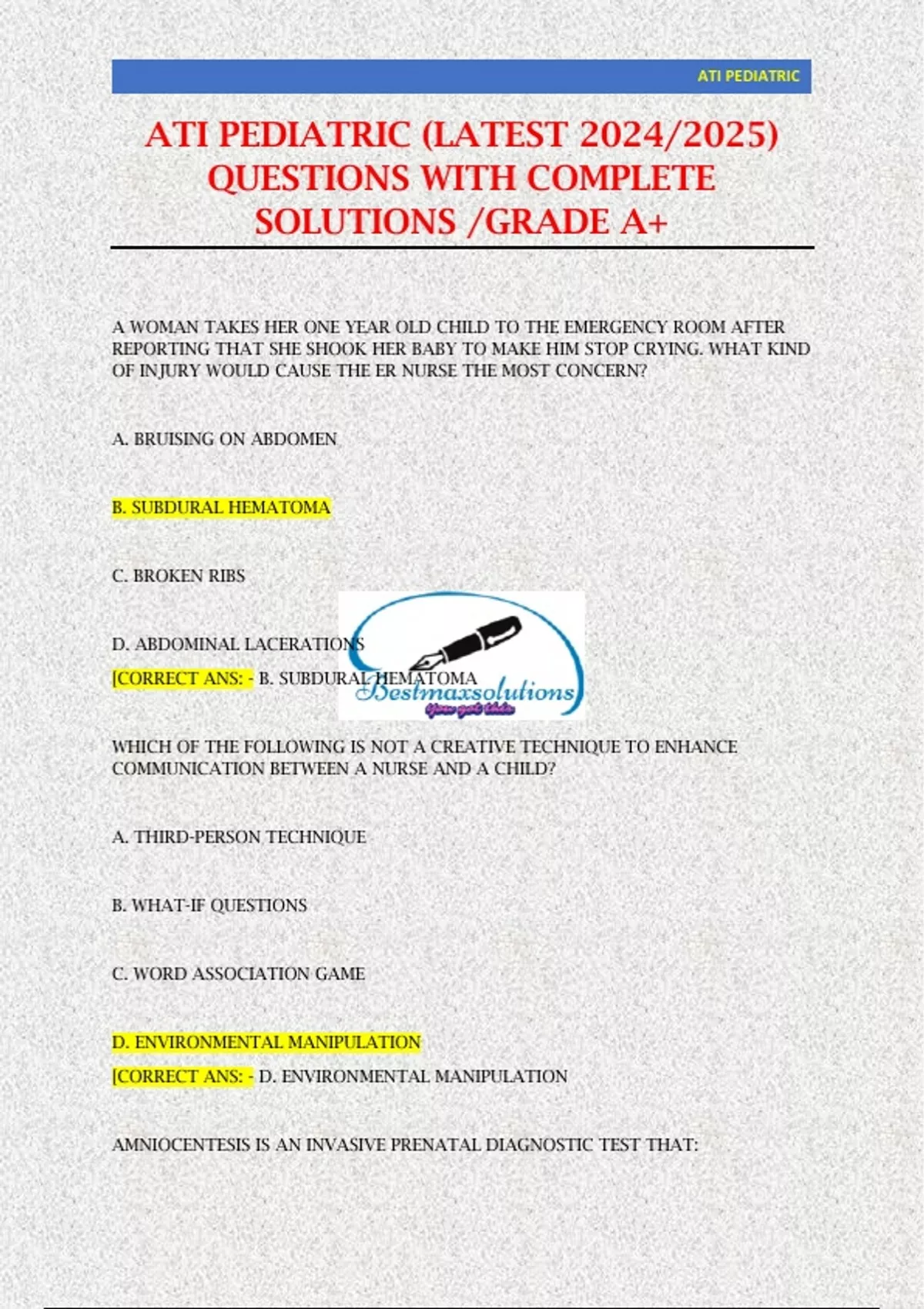 ATI PEDIATRIC EXAM (LATEST 2024/2025) QUESTIONS WITH COMPLETE SOLUTIONS ...