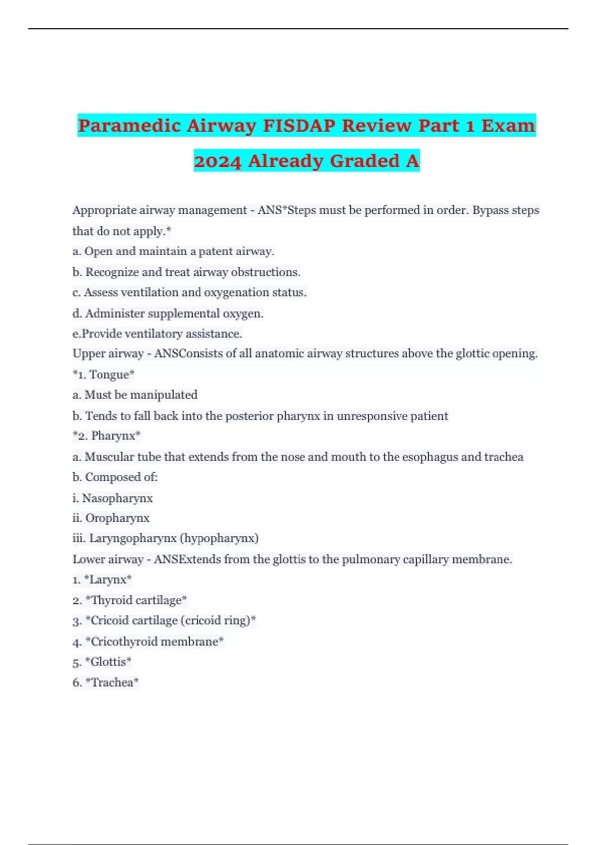 Paramedic Airway FISDAP Review Part 1 Exam 2024 Already Graded A - FISDAP Airway - Stuvia US