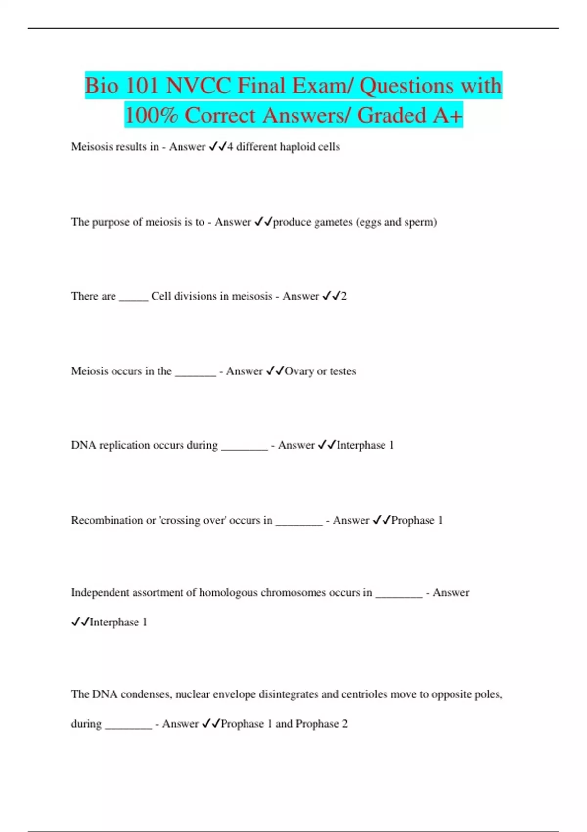 Bio 101 NVCC Final Exam/ Questions with 100% Correct Answers/ Graded A+ ...