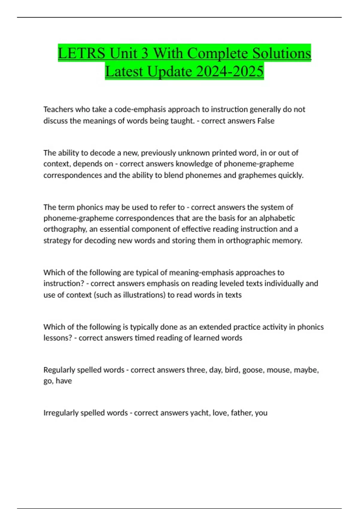 LETRS Unit 3 With Complete Solutions Latest Update - LETRS Unit 4 ...