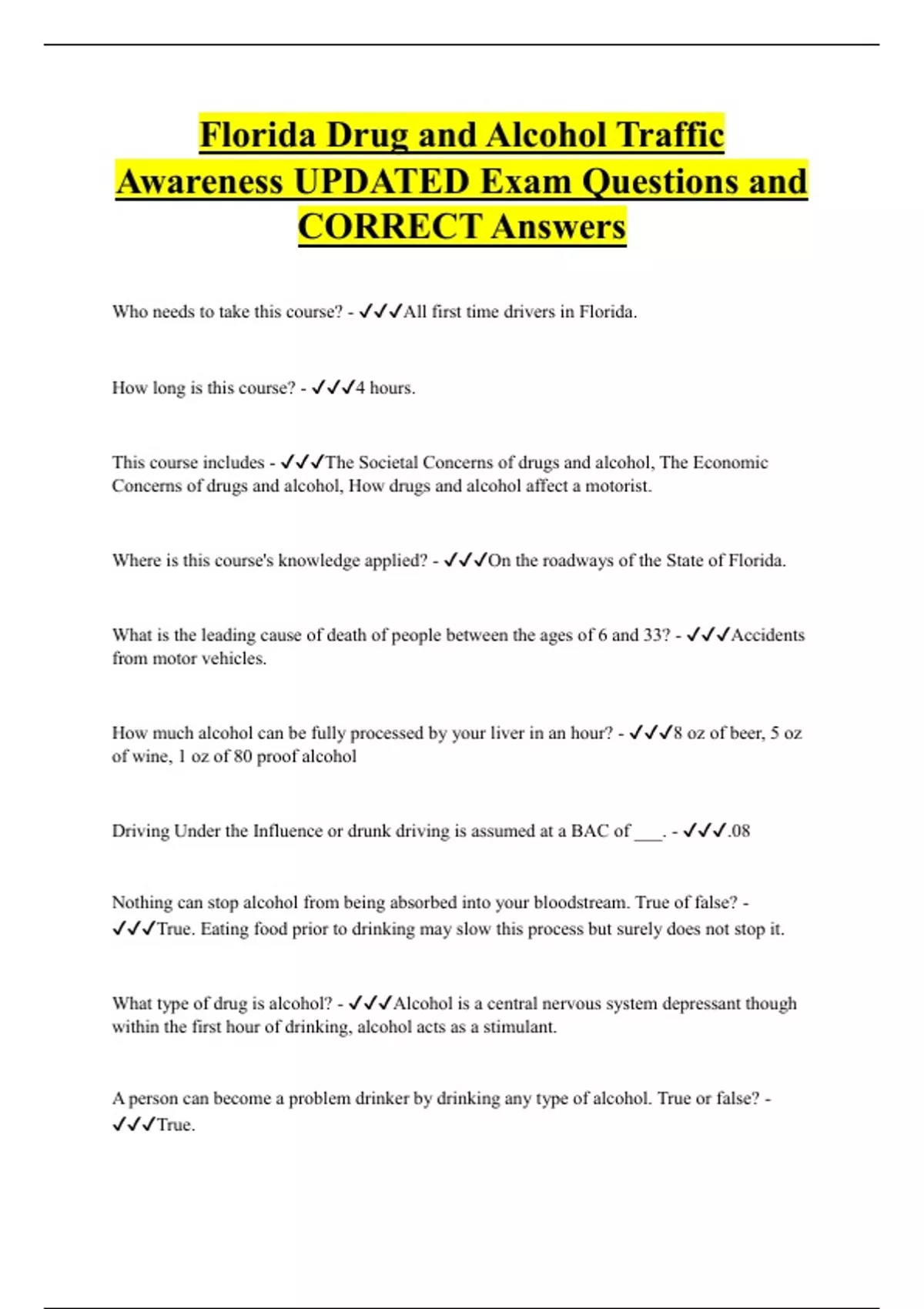Florida Drug and Alcohol Traffic Awareness UPDATED Exam Questions and ...