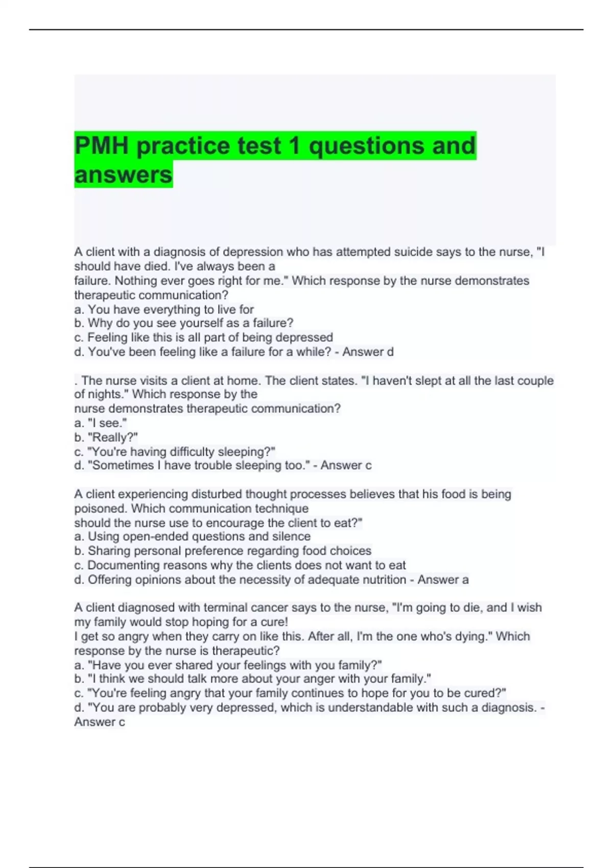 PMH practice test 1 questions and answers (graded a) - PMH-BC - Stuvia US