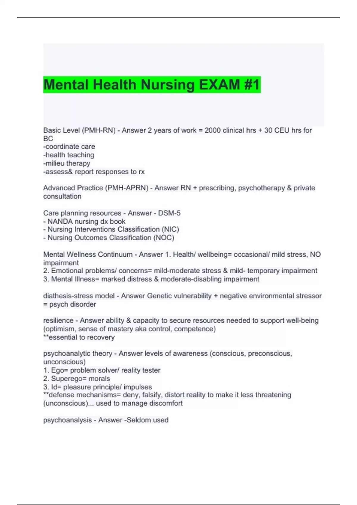 Mental Health Nursing EXAM #1 Questions and Answers - PMH-BC - Stuvia US