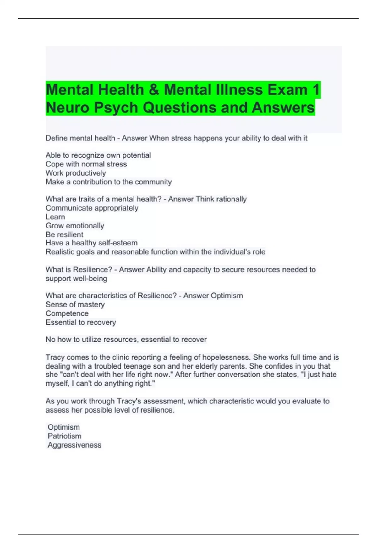 Mental Health & Mental Illness Exam 1 Neuro Psych Questions and Answers ...