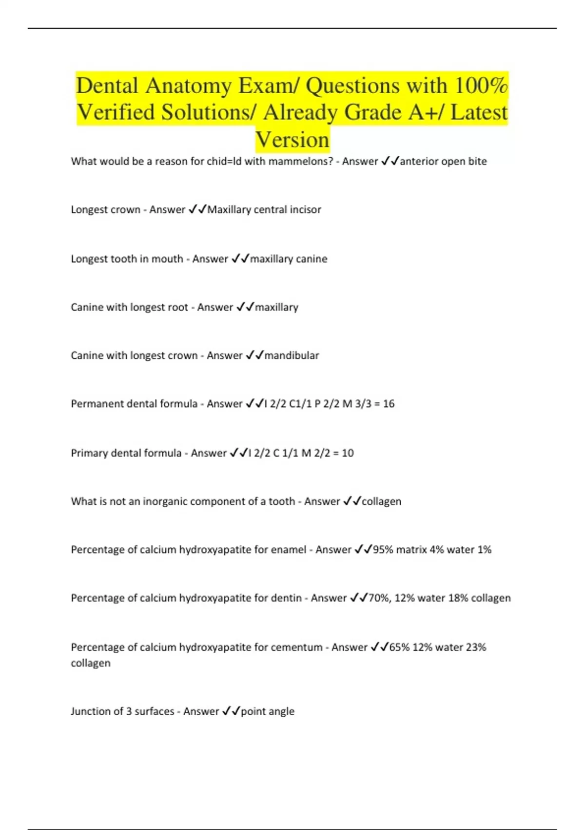 Dental Anatomy Exam/ Questions with 100% Verified Solutions/ Already ...