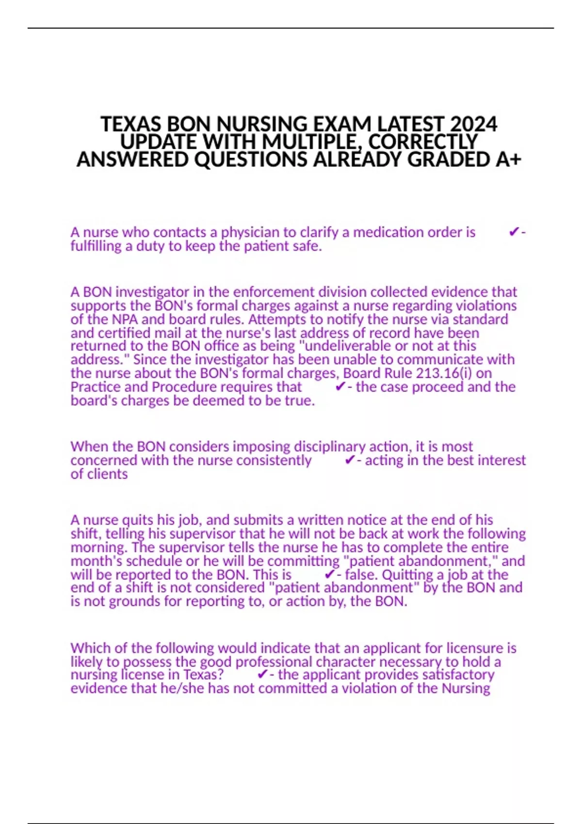 TEXAS BON NURSING EXAM LATEST 2024 UPDATE WITH MULTIPLE, CORRECTLY ...