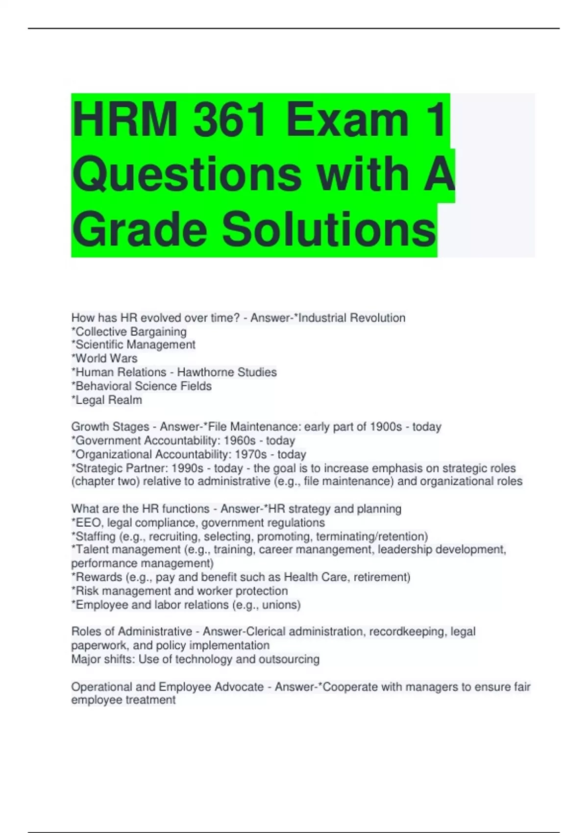 HRM 361 Exam 1 Questions with A Grade Solutions - HRM 361 - Stuvia US