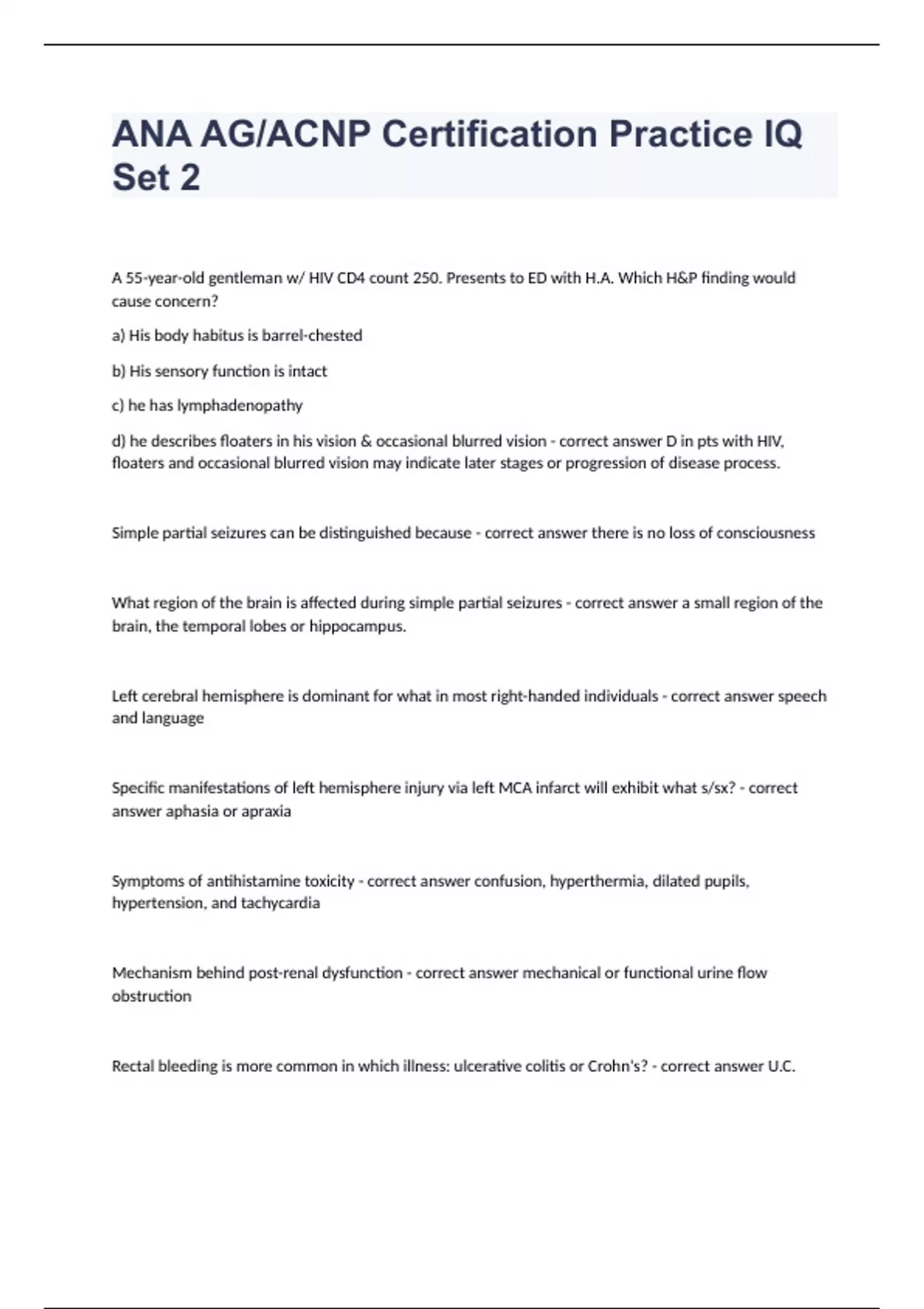 ANA AG ACNP Certification Practice IQ Set 2 questions and answers ...