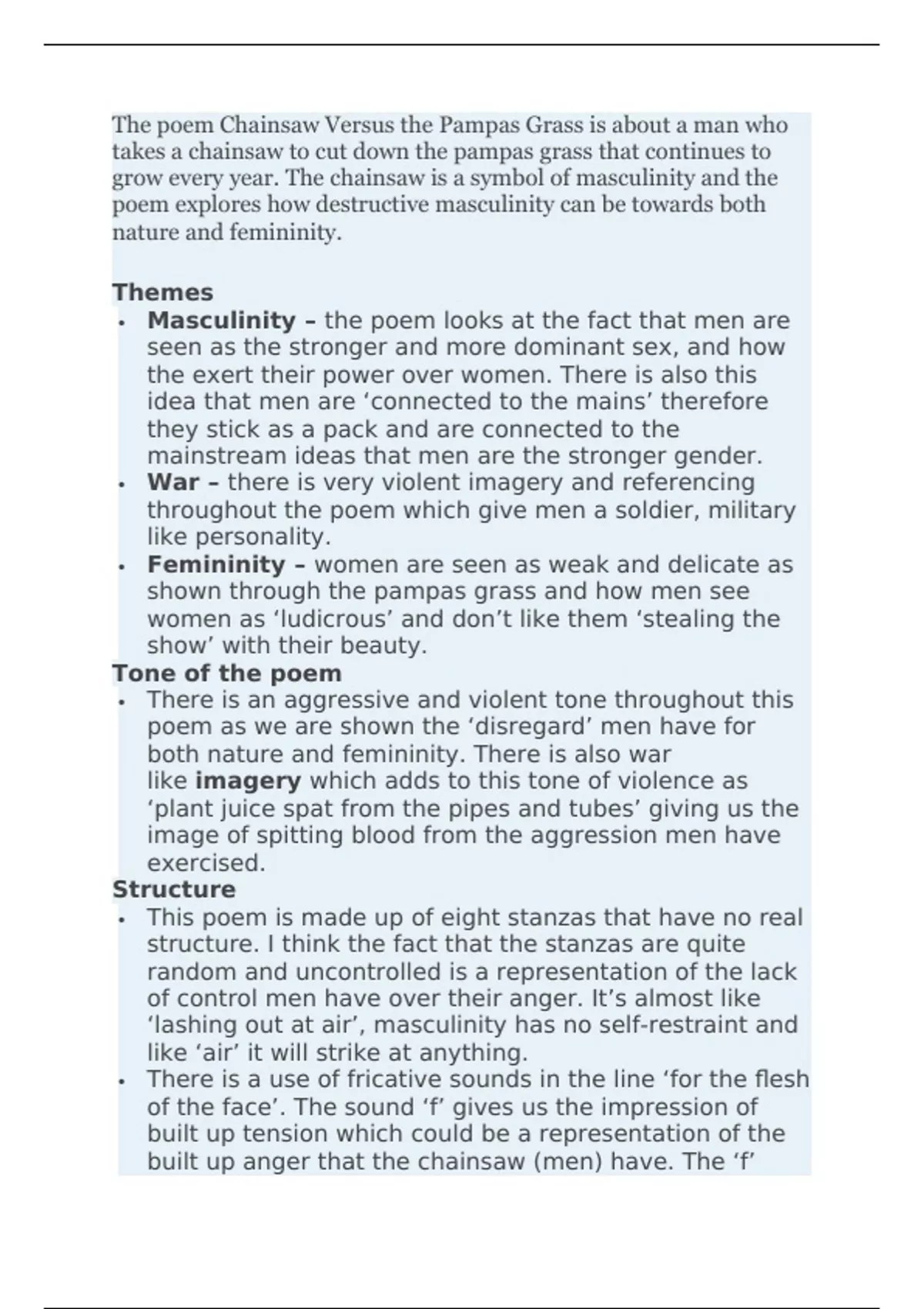 Summary Chainsaw Vs Pampas Grass by simon armitage analysis - English ...
