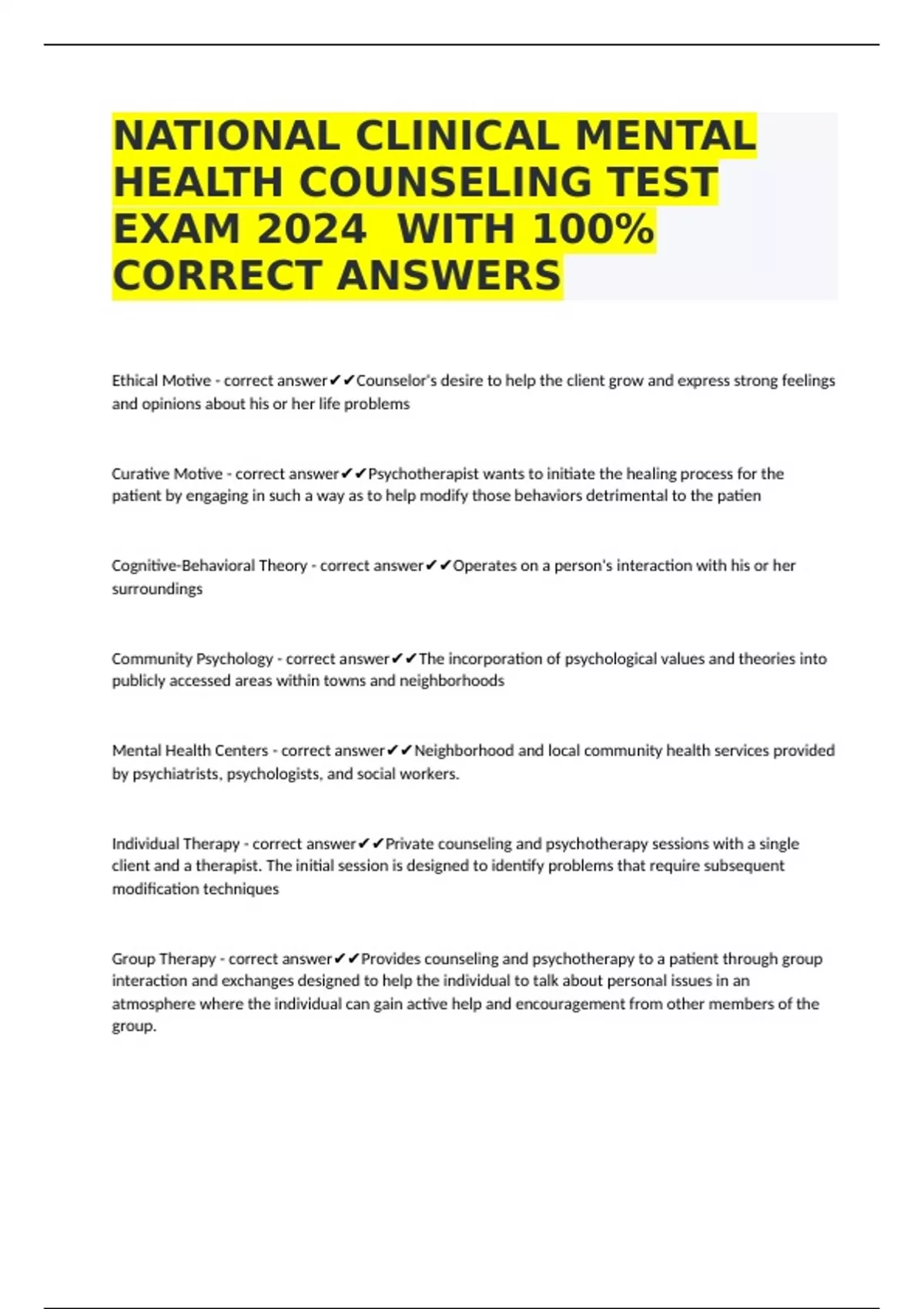 NATIONAL CLINICAL MENTAL HEALTH COUNSELING TEST EXAM 2024 WITH 100% ...
